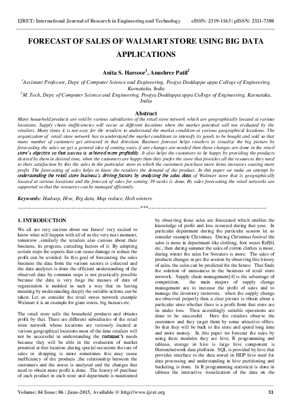 (PDF) FORECAST OF SALES OF WALMART STORE USING BIG DATA APPLICATIONS