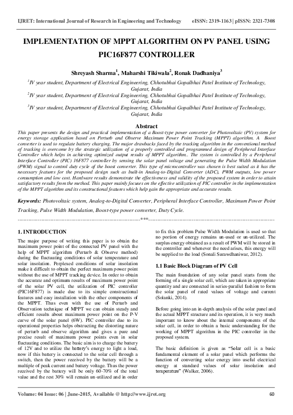 Pdf Implementation Of Mppt Algorithm On Pv Panel Using Pic16f877 Controller