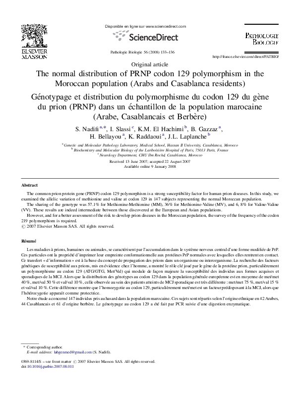 (PDF) The normal distribution of PRNP codon 129 polymorphism in the ...
