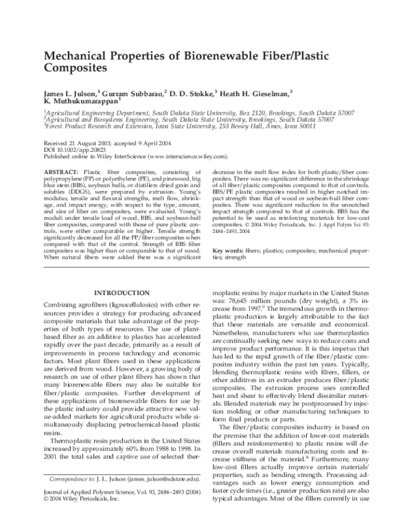 (PDF) Mechanical properties of biorenewable fiber/plastic composites