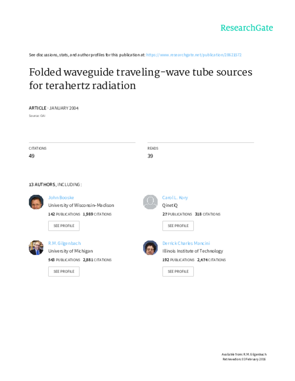 (PDF) Folded Waveguide Traveling-Wave Tube Sources for Terahertz Radiation