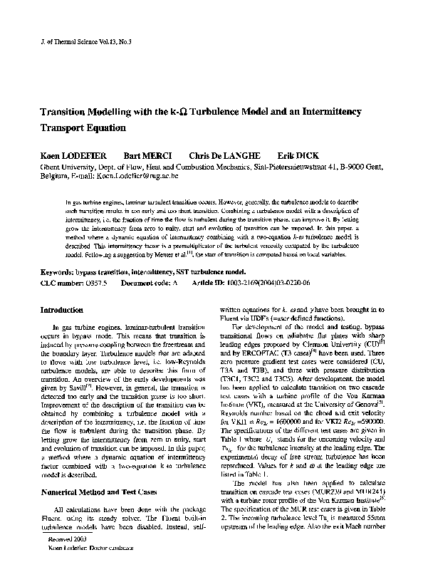 (PDF) Transition modelling with the k-Ω turbulence model and an intermittency transport equation