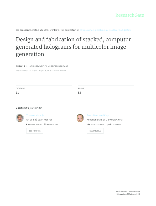 Pdf Design And Fabrication Of Stacked Computer Generated Holograms