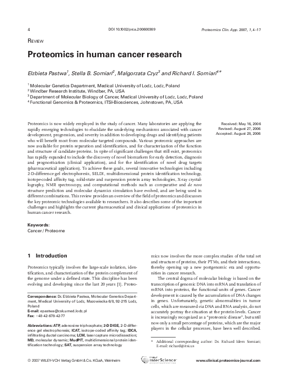 (PDF) Proteomics in human cancer research