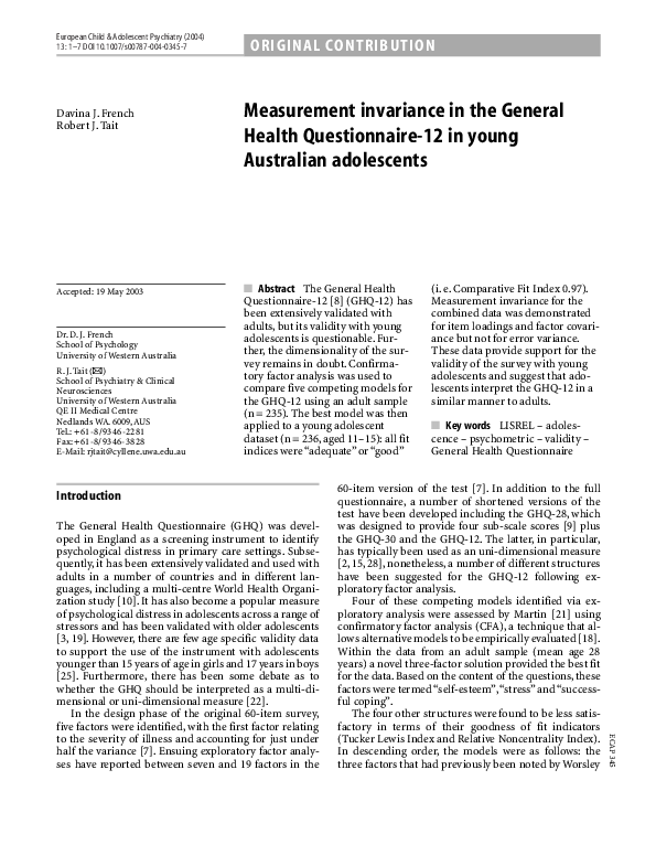 (PDF) Measurement invariance in the General Health Questionnaire-12 in ...