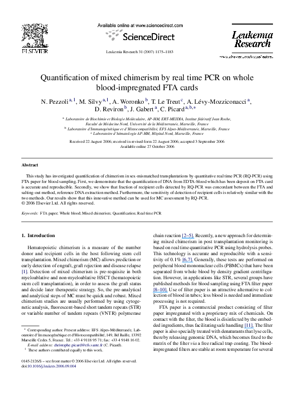 (PDF) Quantification of mixed chimerism by real time PCR on whole blood ...