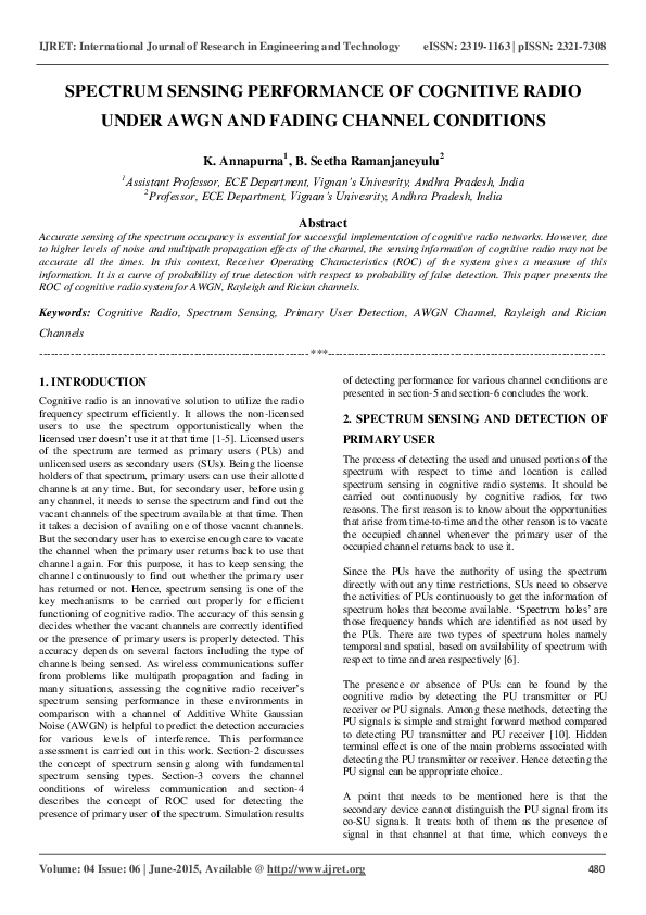 (PDF) SPECTRUM SENSING PERFORMANCE OF COGNITIVE RADIO UNDER AWGN AND FADING CHANNEL CONDITIONS