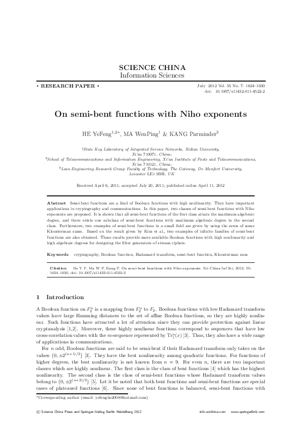 (PDF) On semi-bent functions with Niho exponents