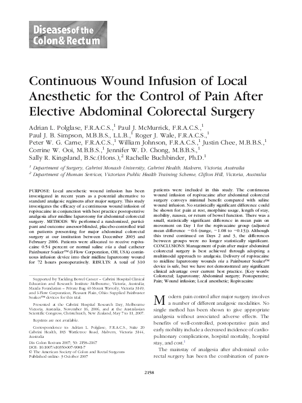 (PDF) Continuous Wound Infusion of Local Anesthetic for the Control of ...