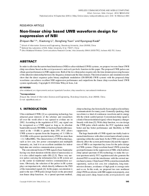 (PDF) Non-linear chirp based UWB waveform design for suppression of NBI