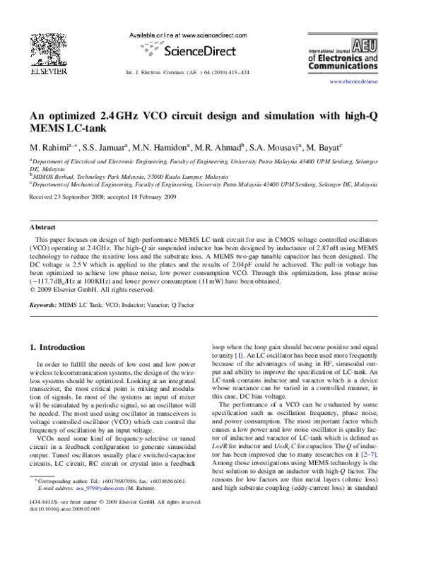 (PDF) An optimized 2.4GHz VCO circuit design and simulation with high-Q MEMS LC-tank