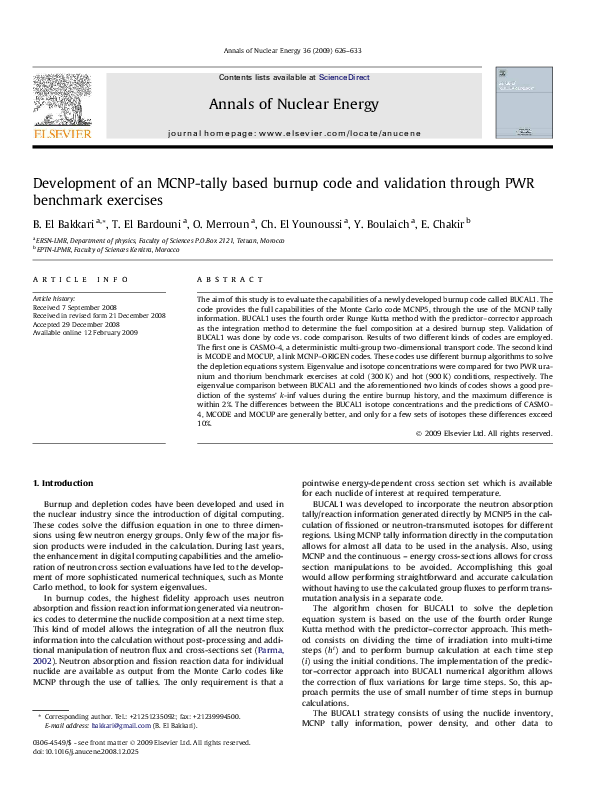 (PDF) Development of an MCNP-tally based burnup code and validation through PWR benchmark exercises