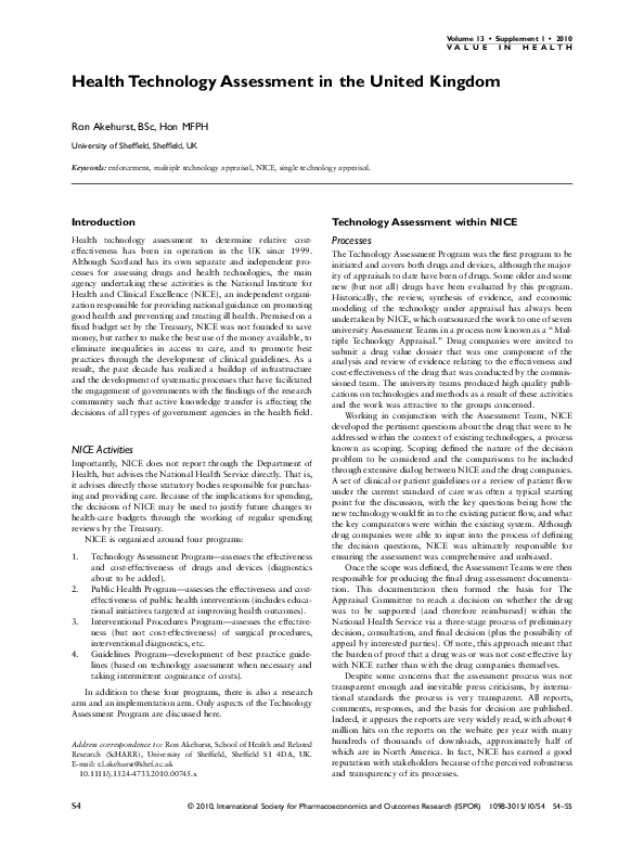 (PDF) HEALTH TECHNOLOGY ASSESSMENT IN THE UNITED KINGDOM