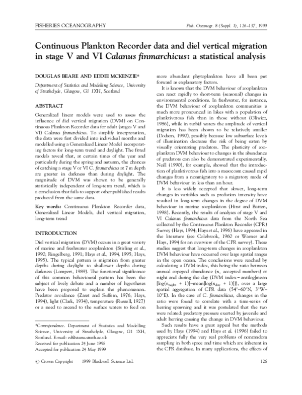 (PDF) Continuous Plankton Recorder data and diel vertical migration in ...