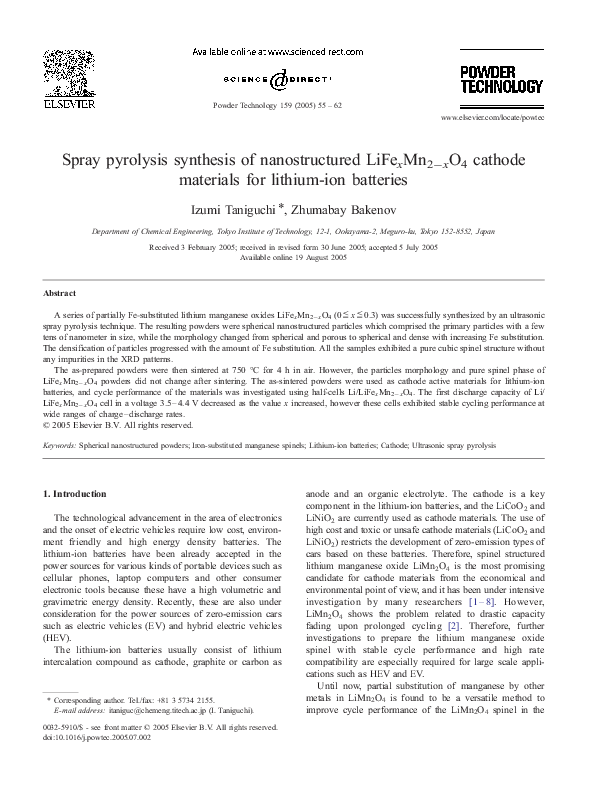 (PDF) Spray pyrolysis synthesis of nanostructured LiFexMn2−xO4 cathode materials for lithium-ion ...