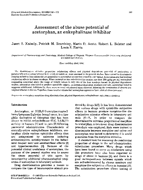 (PDF) Assessment of the abuse potential of acetorphan, an enkephalinase ...