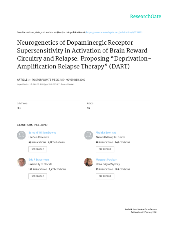 (PDF) Neurogenetics of Dopaminergic Receptor Supersensitivity in ...