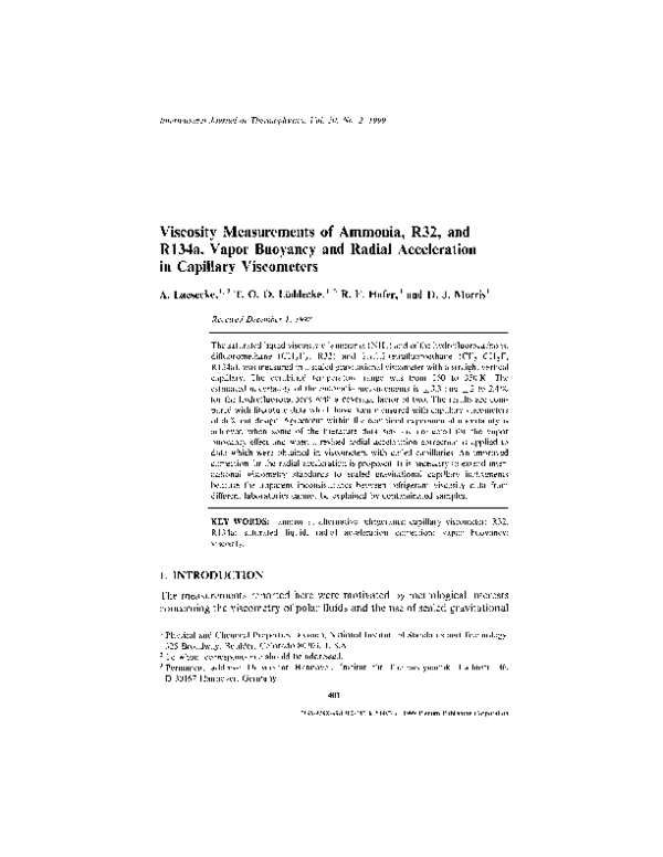 (PDF) Viscosity measurements of ammonia, R32, and R134a. Vapor buoyancy ...