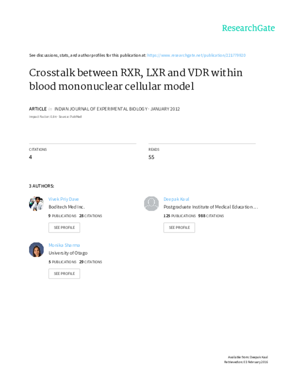 (PDF) Crosstalk between RXR, LXR and VDR within blood mononuclear ...