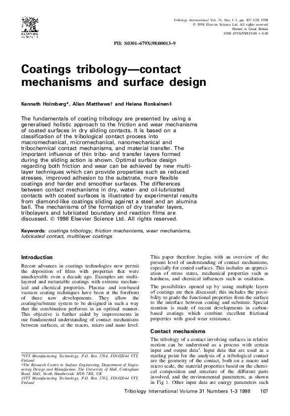 (PDF) Coatings tribology—contact mechanisms and surface design