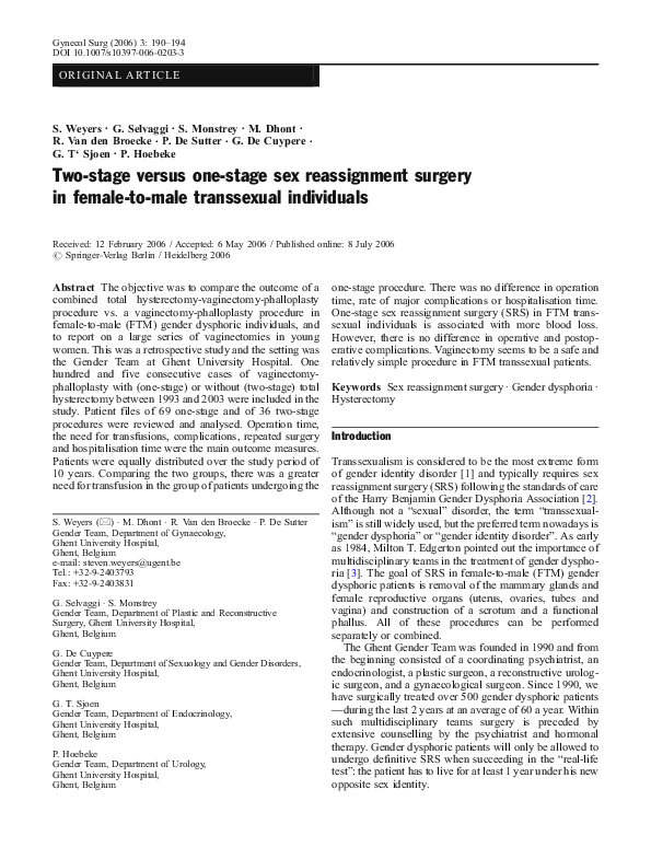 (PDF) Two-stage versus one-stage sex reassignment surgery in female-to ...