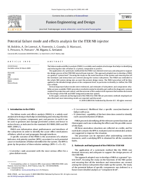 (PDF) Potential failure mode and effects analysis for the ITER NB injector
