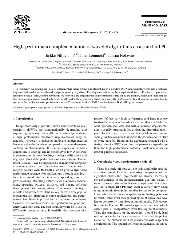 Pdf High Performance Implementation Of Wavelet Algorithms On A Standard Pc