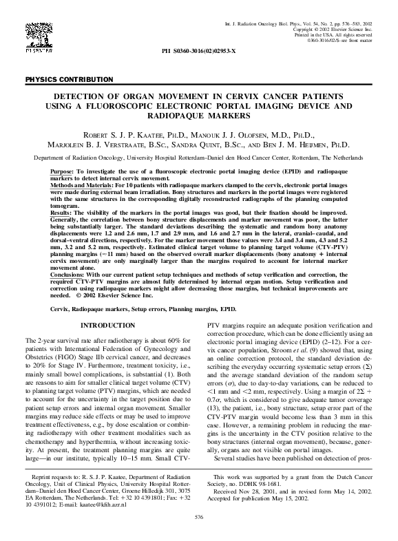 (PDF) Detection of organ movement in cervix cancer patients using a ...