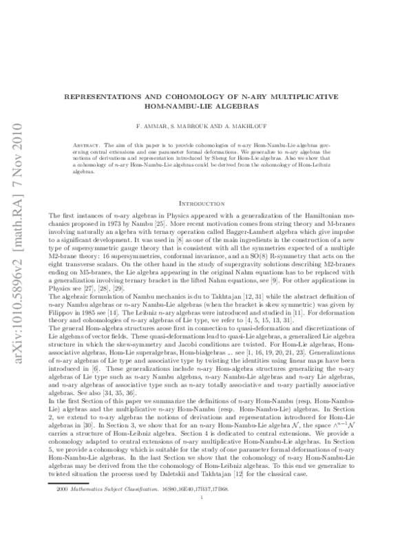 (PDF) Representations and cohomology of -ary multiplicative Hom–Nambu–Lie algebras