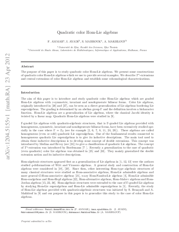 (PDF) Quadratic color Hom-Lie algebras