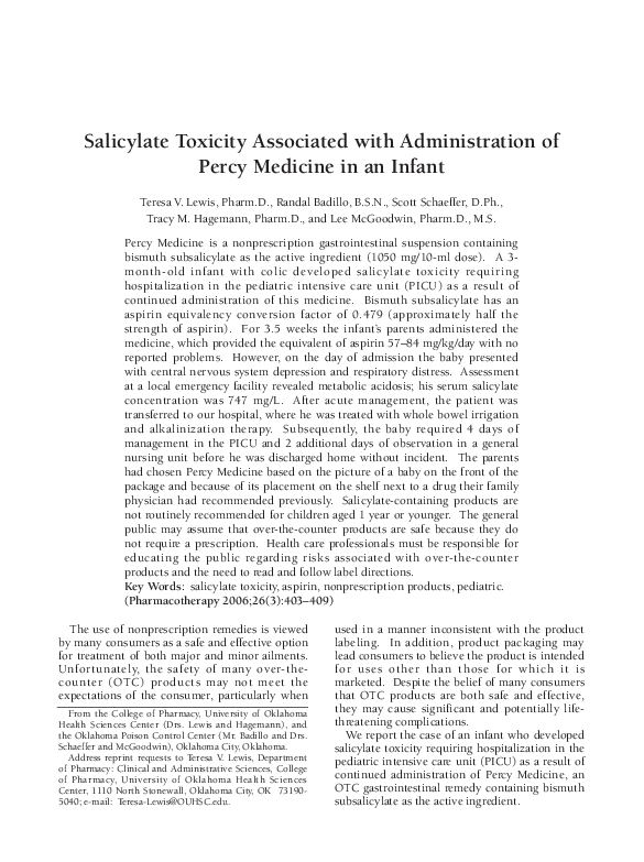 (PDF) Salicylate Toxicity Associated with Administration of Percy ...