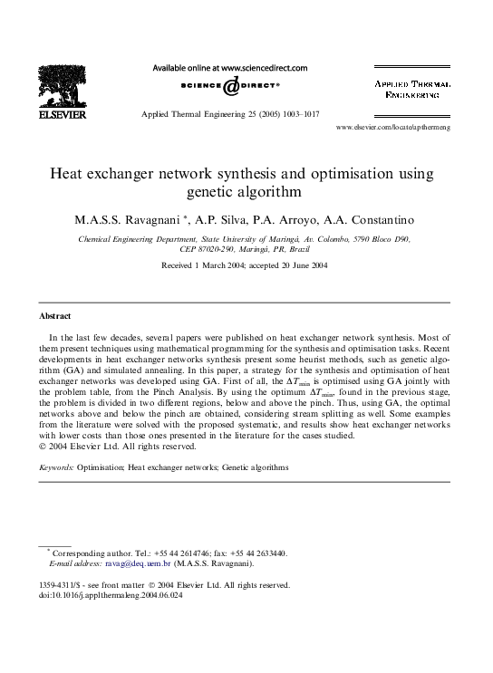 (PDF) Heat exchanger network synthesis and optimisation using genetic algorithm