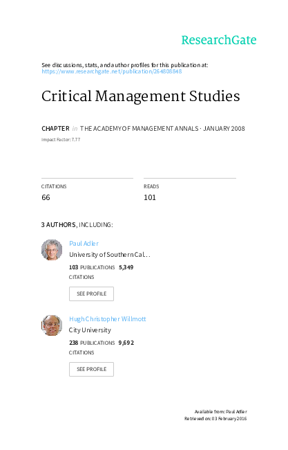 (PDF) Critical Management Studies