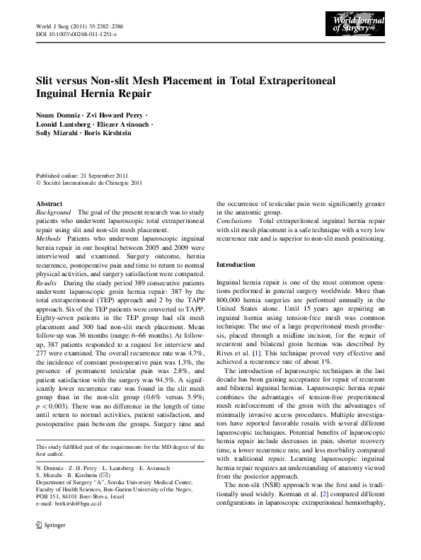 (PDF) Slit Versus Non-slit Mesh Placement in Total Extraperitoneal ...