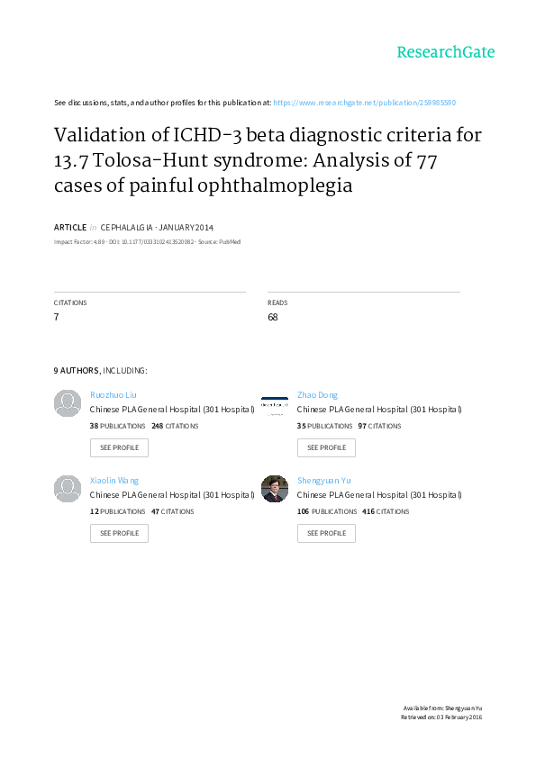 (PDF) Validation of ICHD-3 beta diagnostic criteria for 13.7 Tolosa ...