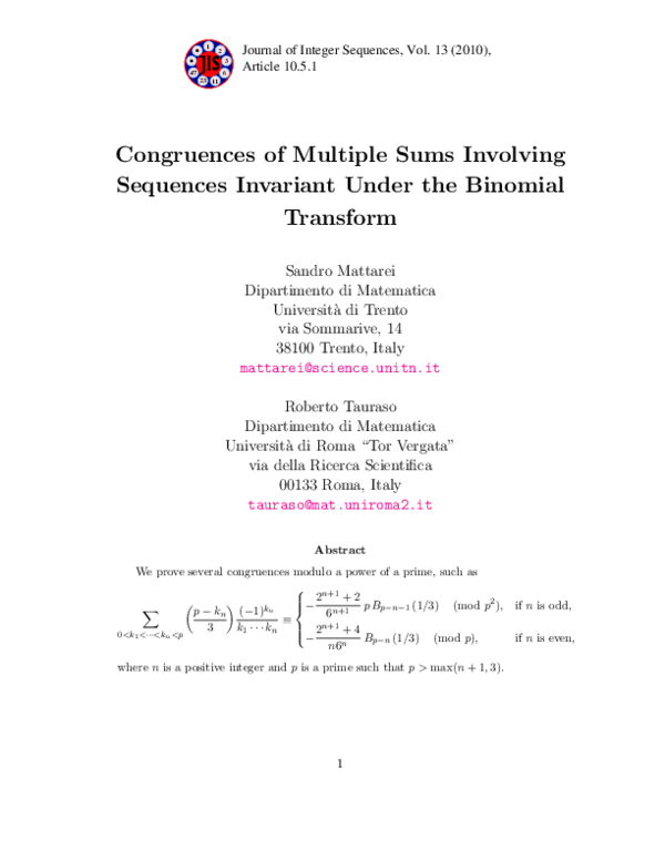 (PDF) Congruences of Binomial Invariant Sums