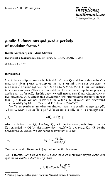 (PDF) p-adicL-functions andp-adic periods of modular forms | Ralph Greenberg - Academia.edu
