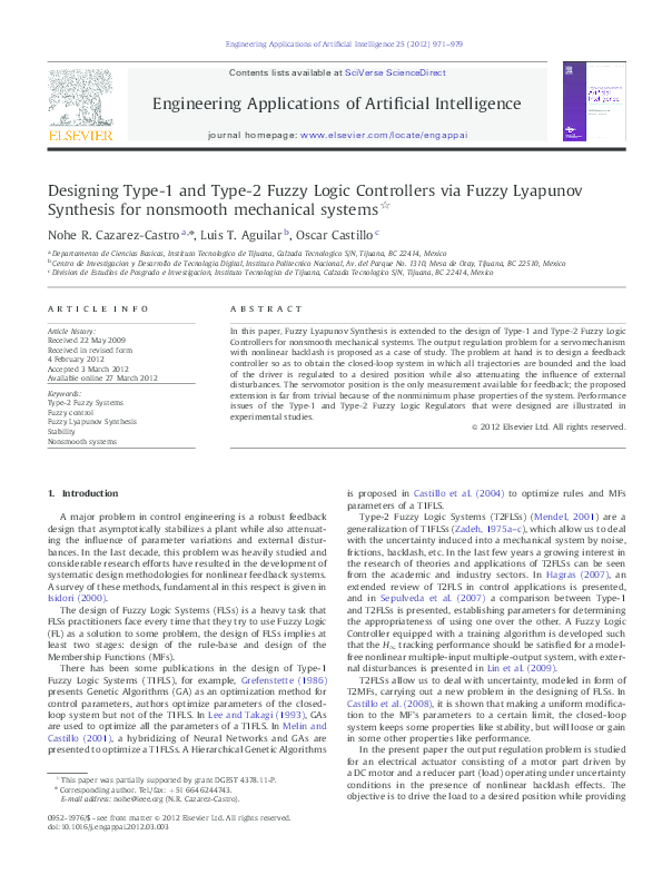 Pdf Designing Type 1 And Type 2 Fuzzy Logic Controllers Via Fuzzy Lyapunov Synthesis For