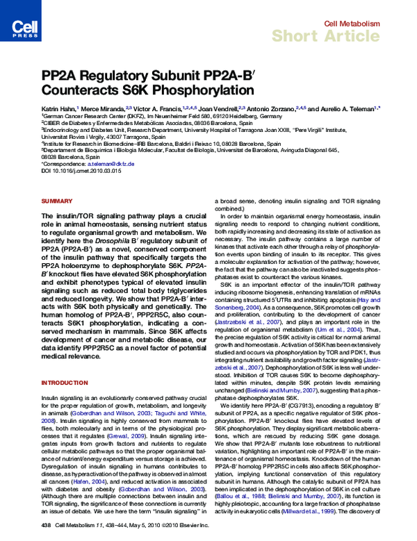 (PDF) PP2A Regulatory Subunit PP2A-B′ Counteracts S6K Phosphorylation