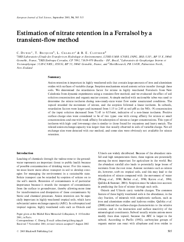 (PDF) Estimation of nitrate retention in a Ferralsol by a transient ...