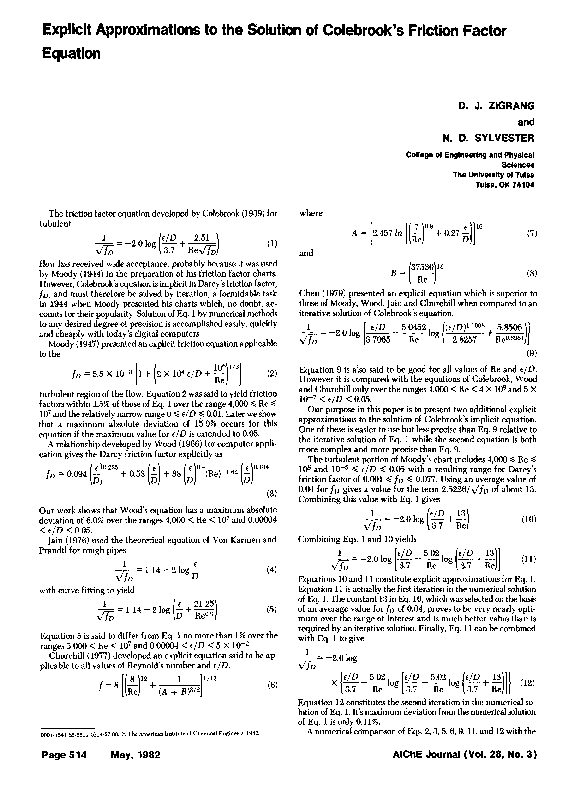 (PDF) Explicit approximations to the solution of Colebrook's friction factor equation