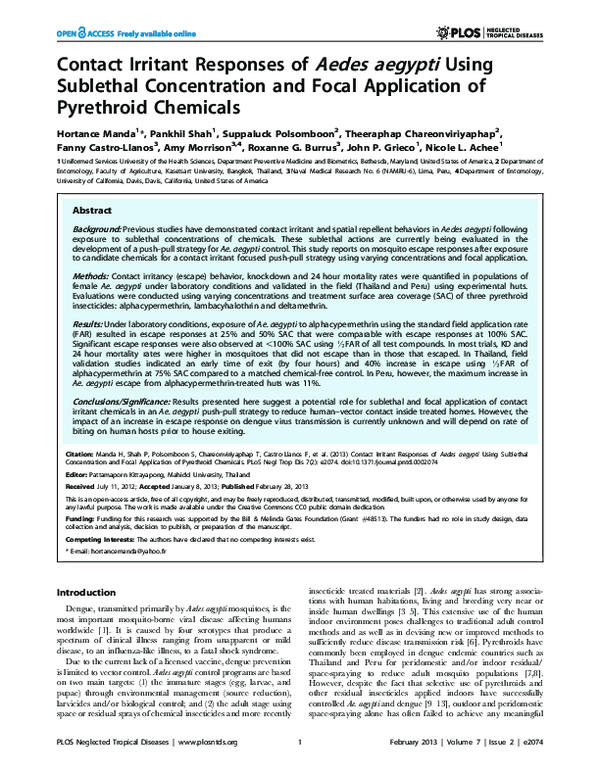 (PDF) Contact Irritant Responses of Aedes aegypti Using Sublethal Concentration and Focal ...