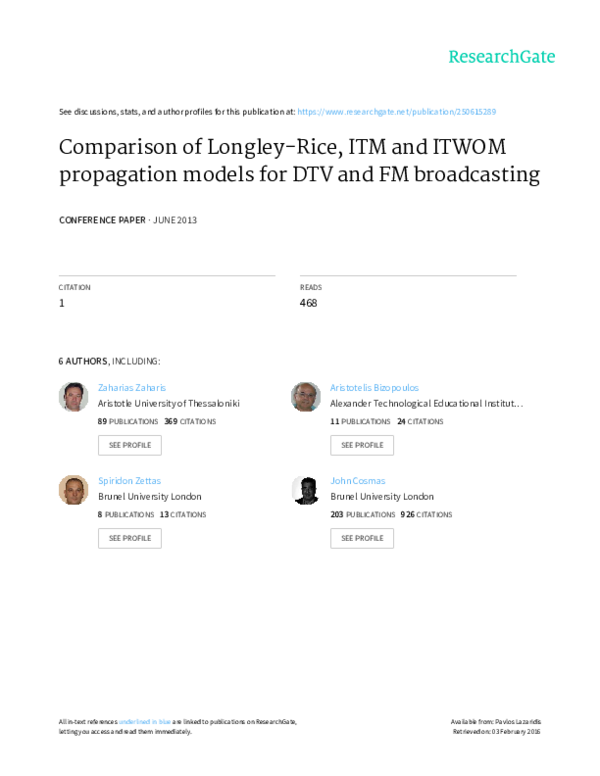 (PDF) Comparison of Longley-Rice, ITU-R P.1546 and Hata-Davidson propagation models for DVB-T ...