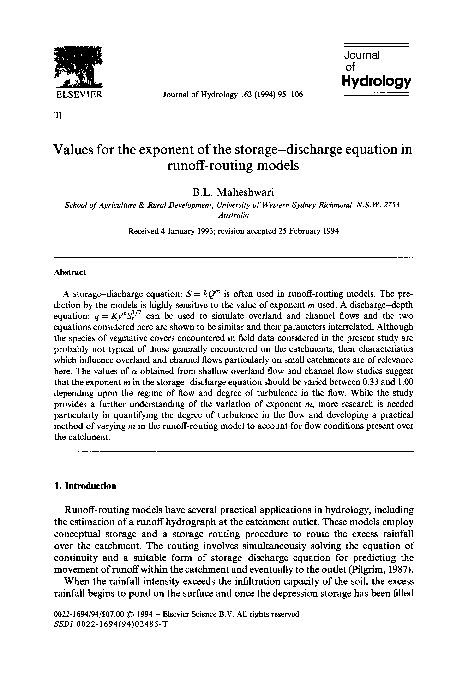 (PDF) Values for the exponent of the storage-discharge equation in ...