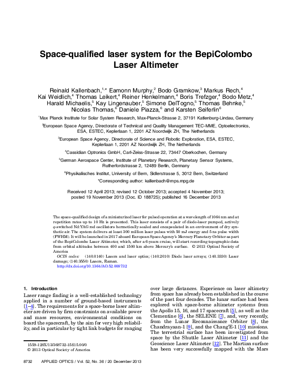 (PDF) Space-qualified laser system for the BepiColombo Laser Altimeter