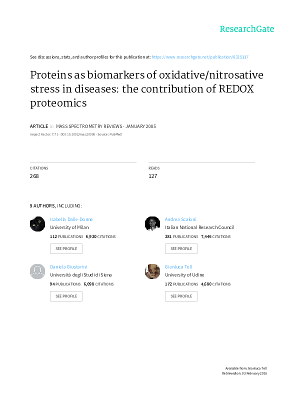 (PDF) Proteins as biomarkers of oxidative/nitrosative stress in diseases: The contribution of ...