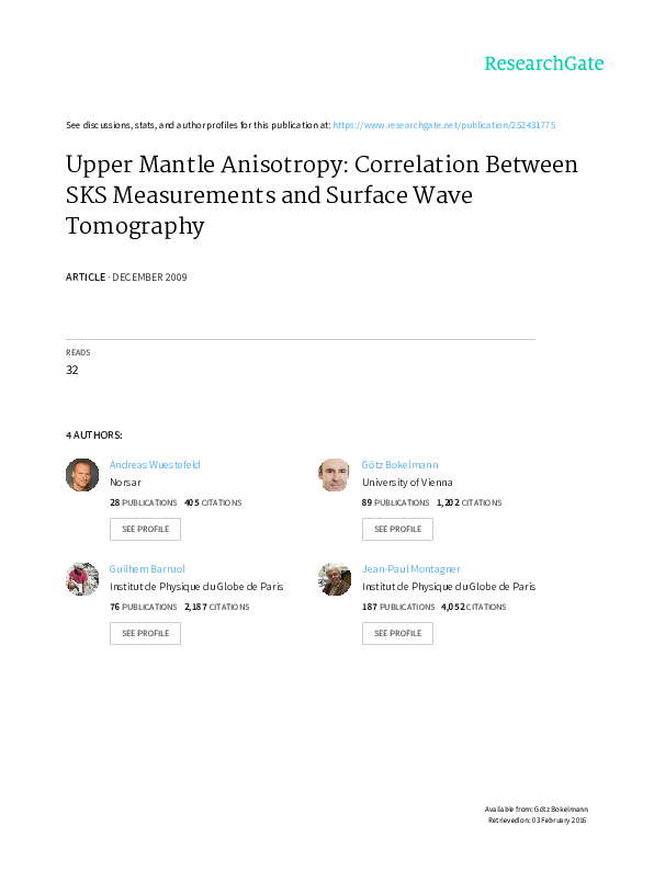 (PDF) Upper Mantle Anisotropy: Correlation Between SKS Measurements and Surface Wave Tomography