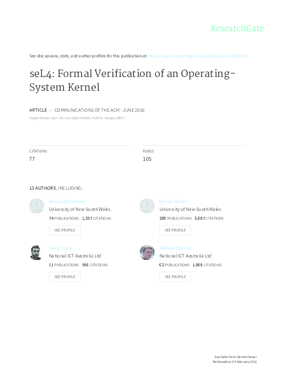 Pdf Sel4 Formal Verification Of An Operating System Kernel