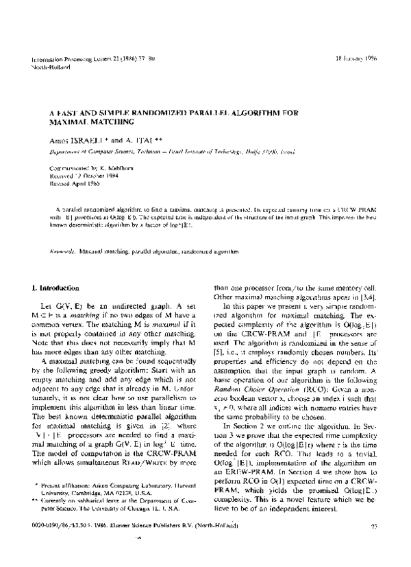 Pdf A Fast And Simple Randomized Parallel Algorithm For Maximal Matching