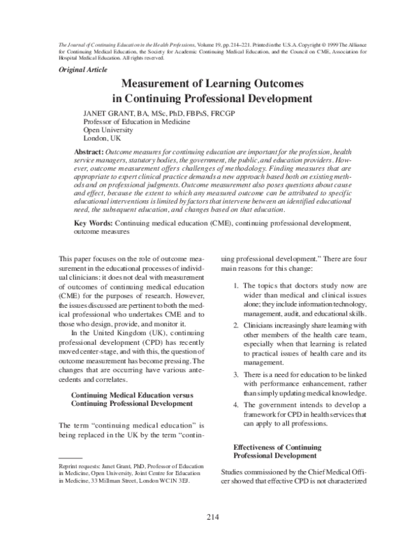 (PDF) Measurement of learning outcomes in continuing professional ...